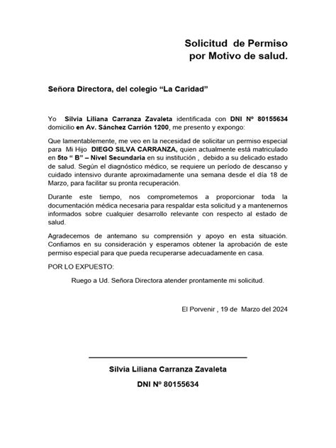 Solicitud De Permiso Por Motivo De Salud Pdf