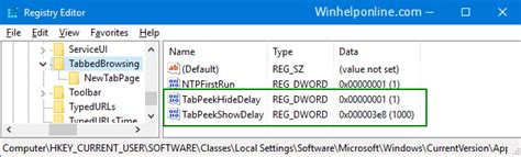 Edge Tab Preview Hover Delay Timeout Settings Registry Tweaks Winhelponline