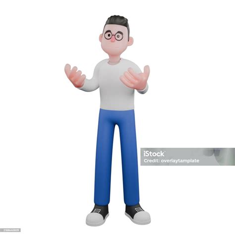 만화 스타일의 3d 모델 일러스트 레이 션에 비디오 편집기 남성 비디오 편집자가 두 손을 가슴 앞에 대고 얼굴에 친근한 미소를 띠고 서 있습니다 디자인 캐릭터 3차원 형태에