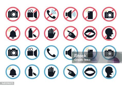 금지 표시 아이콘 세트입니다 매너와 규칙의 픽토그램 카메라 휴대폰 등 경계 표지에 대한 스톡 벡터 아트 및 기타 이미지 경계 표지 아이콘 금지됨 Istock