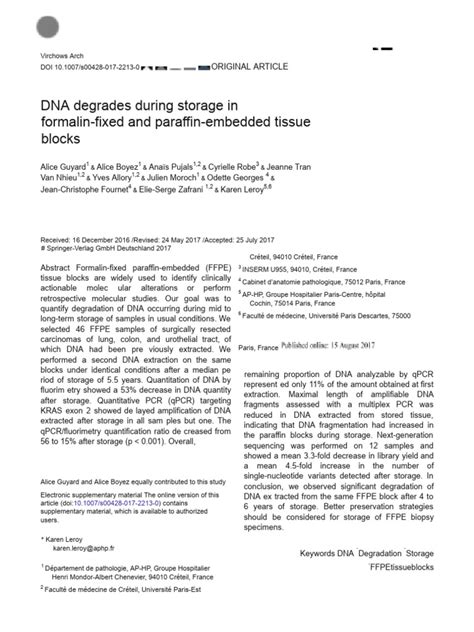 2017 Dna Degrades During Storage In Formalin Fixed And Paraffin Embedded Tissue Blocks Pdf