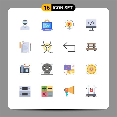 Editable Vector Line Pack Of 16 Simple Flat Colors Of Code Monitor Computing Computer Light Bulb