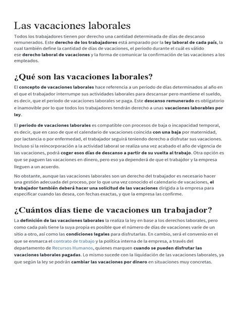 Las Vacaciones Laborales Pdf Vacaciones Derecho Laboral