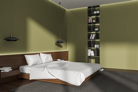 책과 장식이 있는 침대와 선반이 있는 어두운 침실 인테리어 모형 벽 0명에 대한 스톡 사진 및 기타 이미지 0명 3차원 형태 가구 Istock