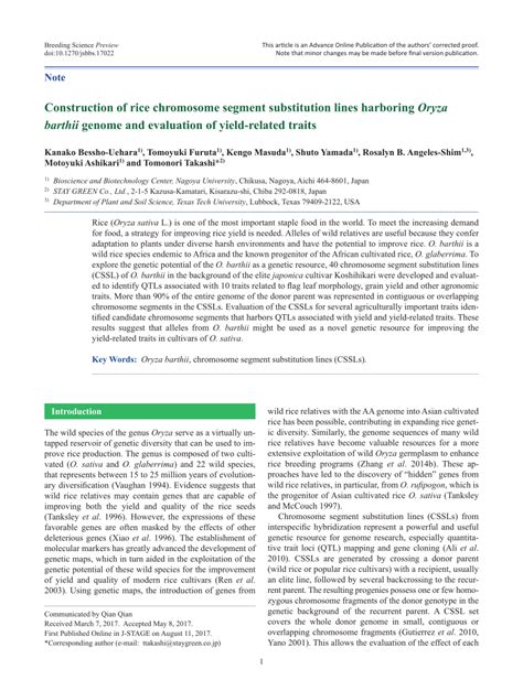Pdf Construction Of Rice Chromosome Segment Substitution Lines