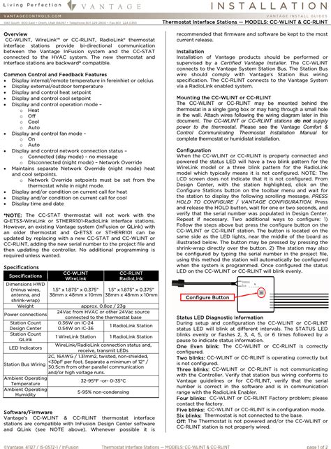 Vantage Controls CCRL THERMOSTAT INTERFACE STATION User Manual