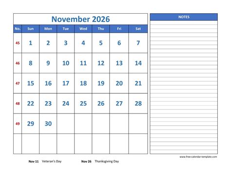 November Calendar 2026 Grid Lines For Holidays And Notes Horizontal