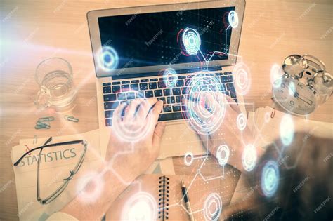 Premium Photo Double Exposure Of Mans Hands Typing Over Computer Keyboard And Data Theme