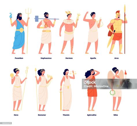 그리스 신화 올림피아 신들 여신 로마 신화 문자 고립 된 판테온 포세이돈 및 디미터 헤르메스 나이키와 헤라 벡터 세트 가공의 인물에 대한 스톡 벡터 아트 및 기타 이미지