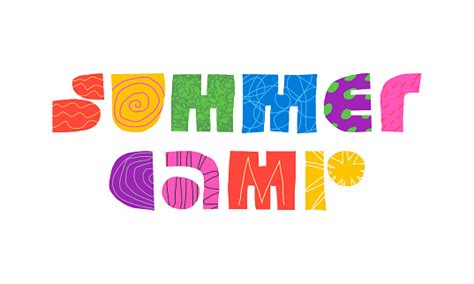 여름 캠프 추상 창조적 인 장식 비문 개념 다채로운 아이들 순진한 원시적인 기하학적 고르지 않은 곡선 모양 글자 현대 유행 여름 맑은 계절 테마 크리에이 티브 로고 0명에