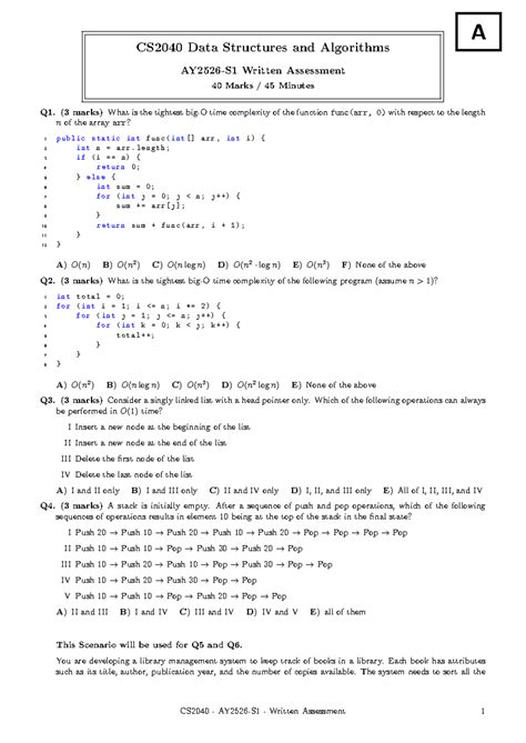 Cs2040 Written Assessment 1 Practice On Data Structures And Algorithms