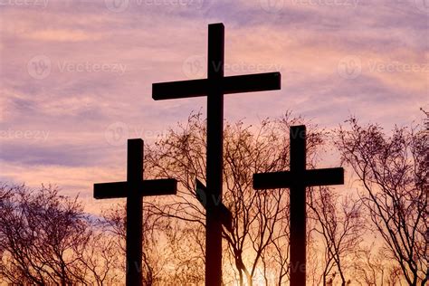 Three Crosses In Silhouette At Sunset Dramatic Sky Stock Photo At Vecteezy