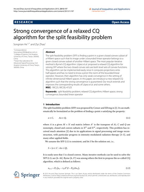 Pdf Strong Convergence Of A Relaxed Cq Algorithm For The Split Feasibility Problem