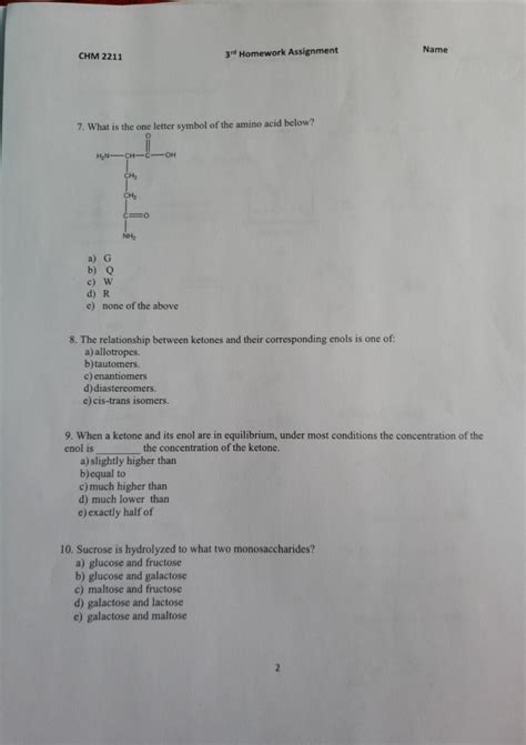 Solved Name Chm 2211 3° Homework Assignment 7 What Is The