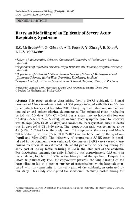 pdf bayesian modelling of an epidemic of severe acute respiratory