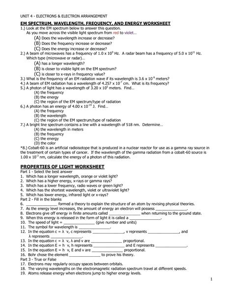 Maths Worksheets For Grade 3 Light Wavelength Frequency And Energy