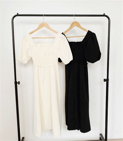 스퀘어넥 퍼프 셔링 반팔 하이웨이스트 주름 원피스 플레어 롱 스커트 치마