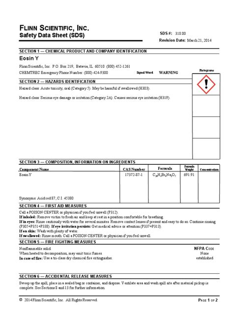 Safety Data Sheet Sds Linn Cientific Nc Eosin Y Pdf Chemistry