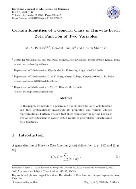 Pdf Certain Identities Of A General Class Of Hurwitz Lerch Zeta Function Of Two Variables