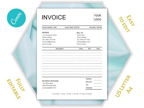 Editable Canva Invoice Template For Download Fillable And Etsy