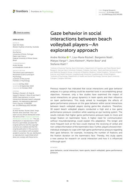 Pdf Gaze Behavior In Social Interactions Between Beach Volleyball