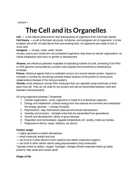 BIO1140 Notes Leading Up To The First Midterm Lecture 1 The Cell And Its Organelles Life