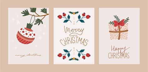 메리 크리스마스 카드 세트입니다 민속과 스칸디나비아 스타일의 장식이 있는 우아한 인사말 카드 크리스마스 장식 홀리 공 선물 상자 손으로 그린 벡터 일러스트 레이 션 템플릿