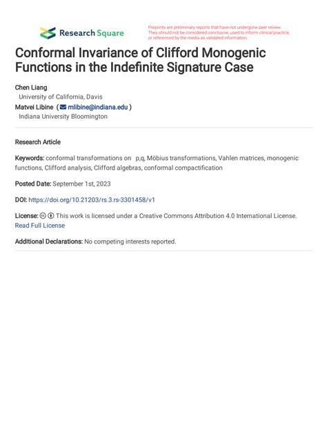 Pdf Conformal Invariance Of Clifford Monogenic Functions In The Indefinite Signature Case