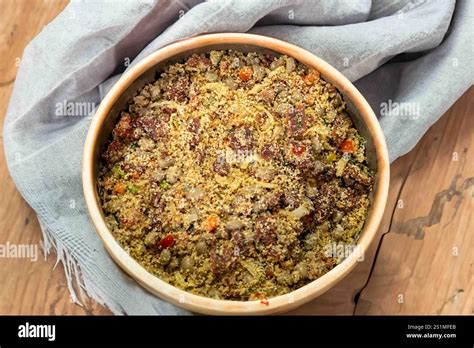 Traditional Brazilian Farofa Prepared With Toasted Cassava Flour Bacon