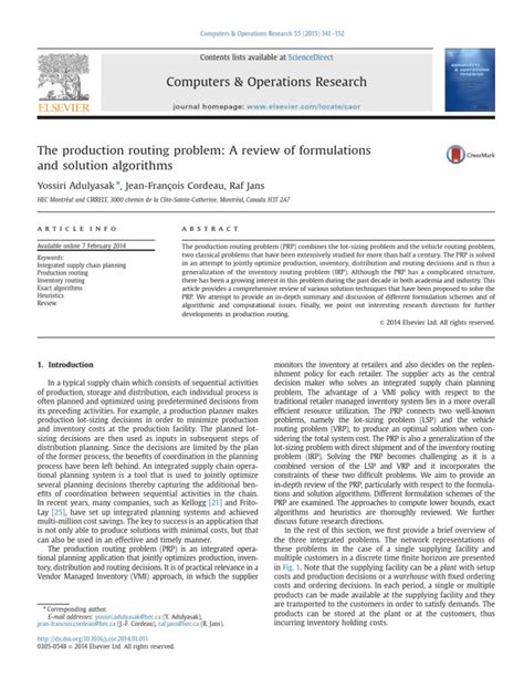 2015 The Production Routing Problem A Review Of Formulations And Solution Algorithms Pdf Pdf