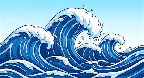 Cartoon Ocean Waves With Bright Blue Colors And Clear Lines Stock