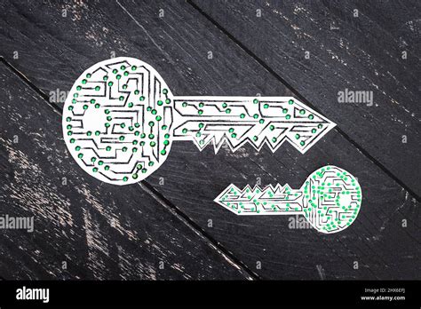 Big And Small Encryption Key Icon Made Of Circuits And Led Lights Side By Side On Dark