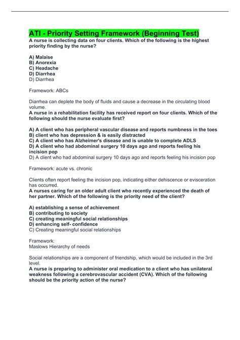 Ati Priority Setting Framework Beginning Test Answerd Complete Solution Ati Priority