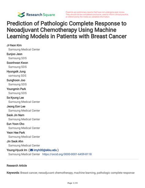 Pdf Prediction Of Pathologic Complete Response To Neoadjuvant Chemotherapy Using Machine