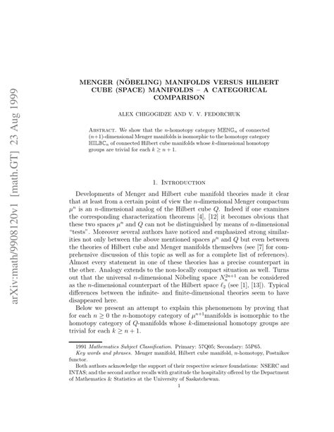 Pdf Menger Nöbeling Manifolds Versus Hilbert Cube Space Manifolds A Categorical Comparison