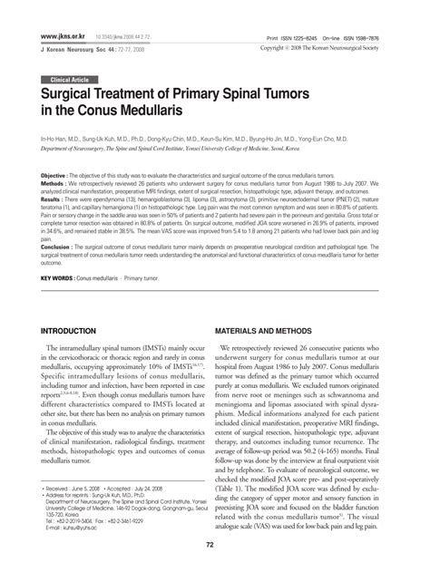 Pdf Surgical Treatment Of Primary Spinal Tumors In The Conus Medullaris