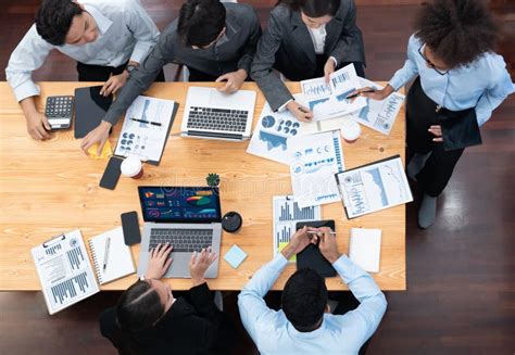 Top View Multiracial Analyst Team Use Bi Dashboard For Data Analysis
