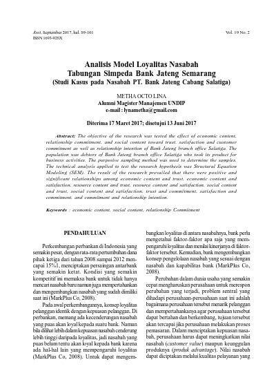 Analisis Model Loyalitas Nasabah Tabungan Simpeda Bank Jateng Semarang