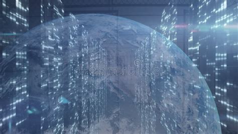 Animation Of Falling Bar Graphs And Lens Flare Over Rotating Globe