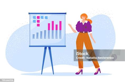 비즈니스 프리젠 테이션 평면 벡터 그림입니다 연례 보고서를 발표하는 사무직 근로자 직원 회사 성과 통계에 대해 말하기 흰색과 파란색 배경에 얼굴없는 만화 캐릭터 비즈니스에
