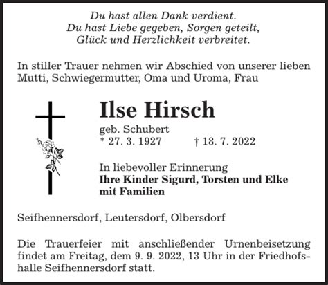 Traueranzeigen Von Ilse Hirsch Trauer Anzeigen De