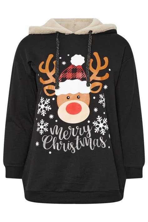 Yours Plus Size Black Merry Christmas Reindeer Hoodie Yours Clothing