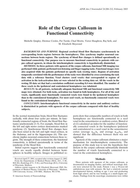 Pdf Role Of The Corpus Callosum In Functional Connectivity