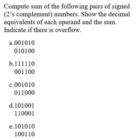 SOLVED Compute The Sum Of The Following Pairs Of Signed S Complement Numbers Show The