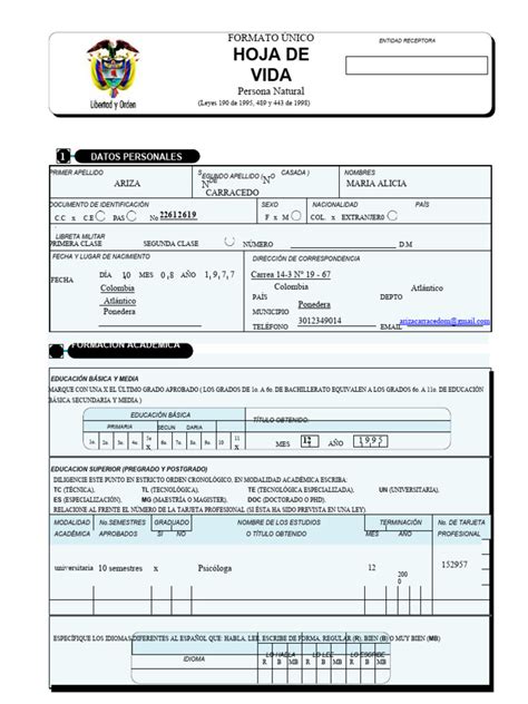 Modelo De Hoja De Vida Formato Único Pdf Colombia Evaluación