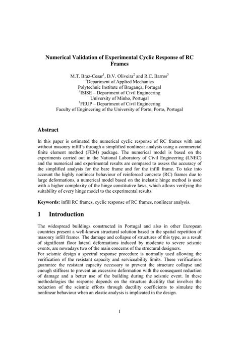 Pdf Numerical Validation Of The Experimental Cyclic Response Of Rc Frames