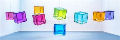 Colorful Glass Cubes Hanging In Room Abstract Image Of Vibrant Suspended Glass Cubes Symbolizing