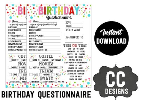Printable Birthday Questionnaire Favorite Things Quiz Coworker Etsy