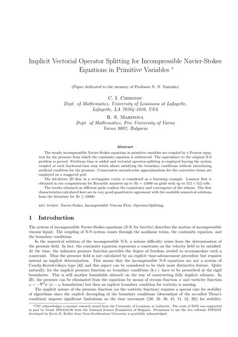 Pdf Implicit Scheme For Navier Stokes Equations In Primitive Variables Via Vectorial Operator