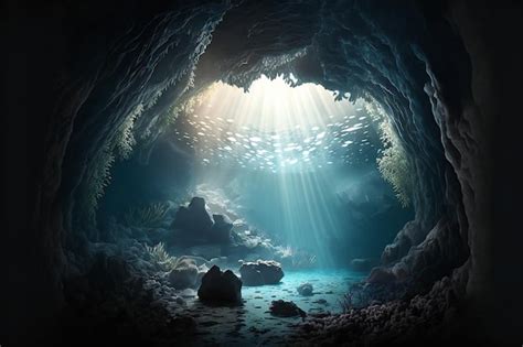 Premium Photo Dark Underwater Cave With Sunlight Beams Deep Sea